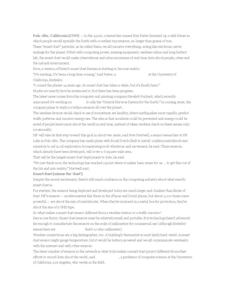 New Smart Dust | PDF | Wireless Sensor Network | Hewlett Packard