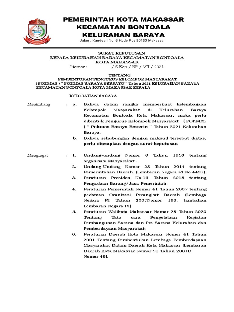 Surat Keputusan Lurah Baraya Tentang Pembentukan Kelompok Masyarakat ...
