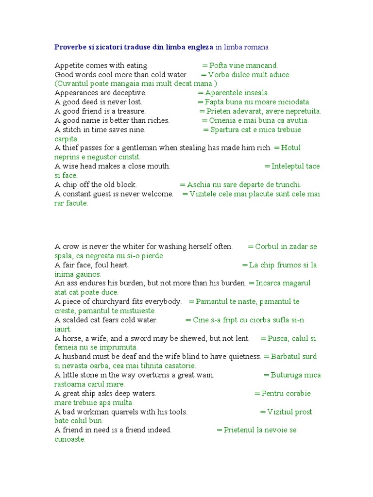 Proverbe Si Zicatori Traduse Din Limba Engleza | PDF