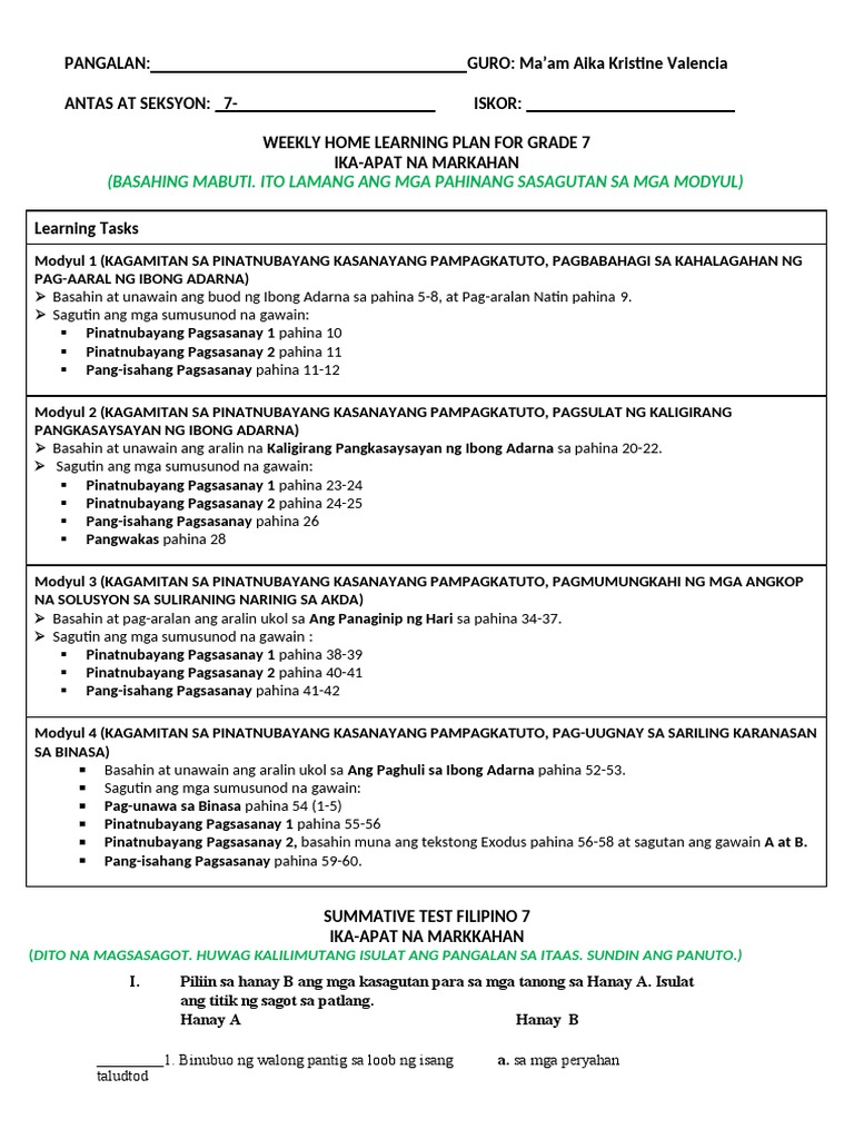 WHLP & SUMMATIVE Grade 7 M1-4 4TH Q PDF | PDF