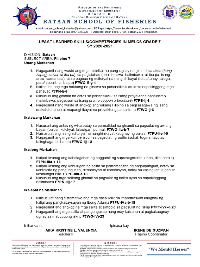 Least Learned Competencies (MELCS Grade 7) | PDF