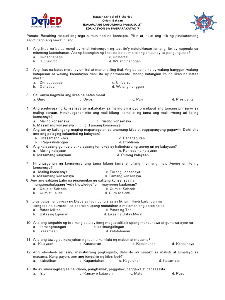 2nd Quarter Exam ESP7 | PDF