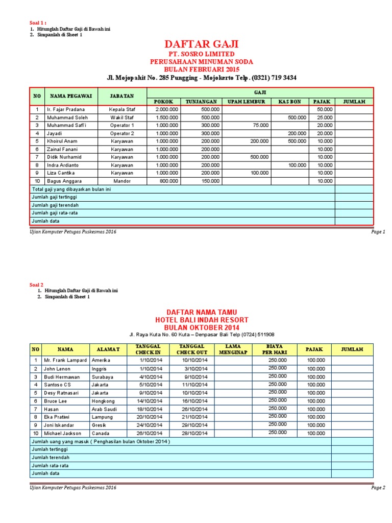 Soal Ujian Excel 14 Januari 2018 | PDF