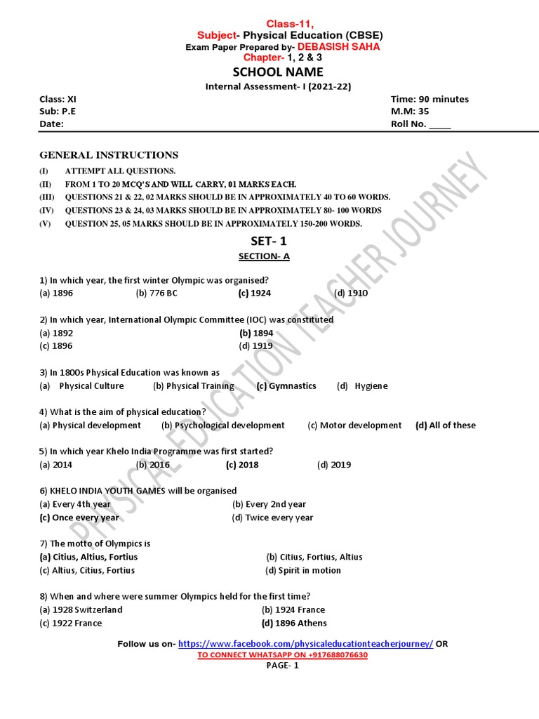 Class-11 P.E Set - 1 Exam Paper CH - 1, 2 & 3 | PDF | Disability | Physical Education