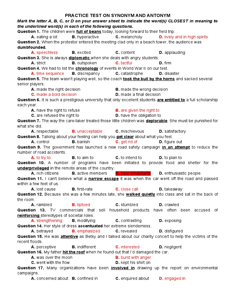 Practice Test On Synonym and Antonym | PDF | Social Science