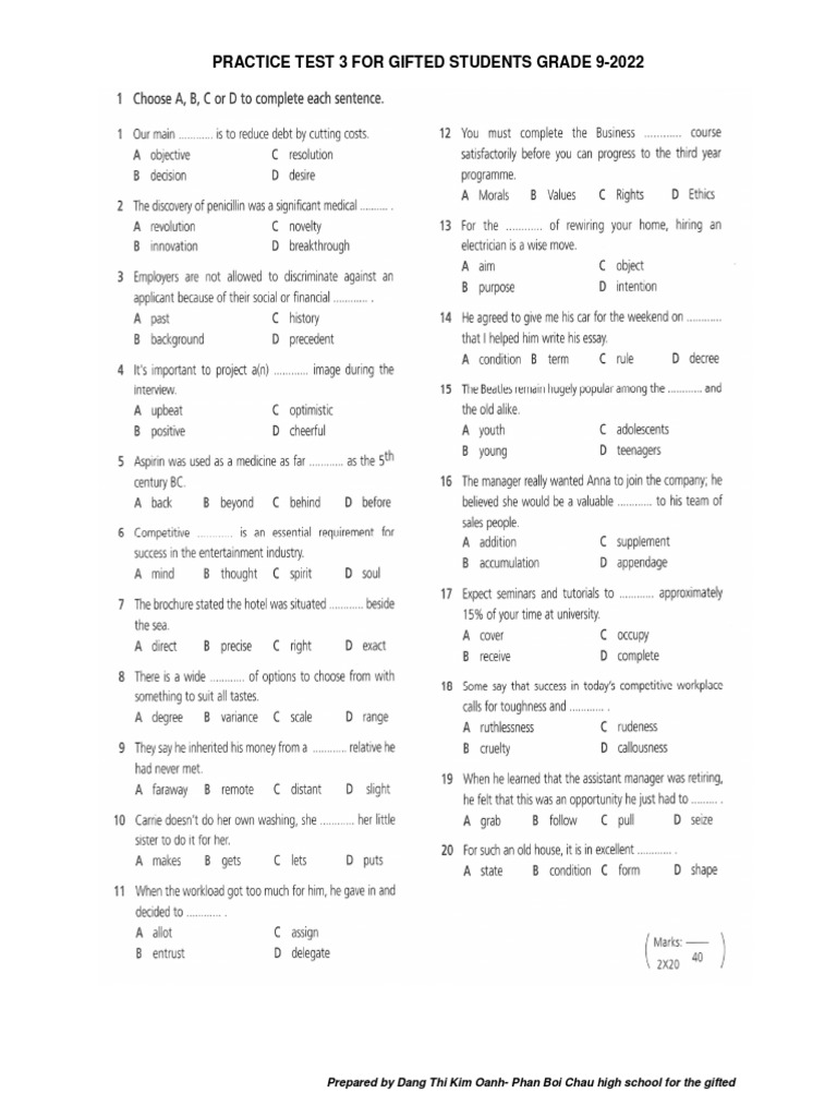 Practice Test 3 For Gifted Students Grade 9 | PDF | Adolescence ...