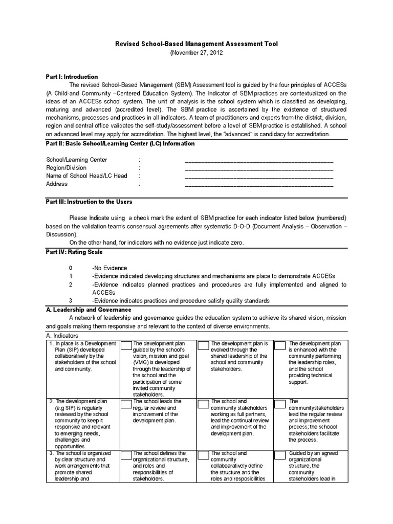 Revised School-Based Management Assessment Tool: Part I: Introduction ...