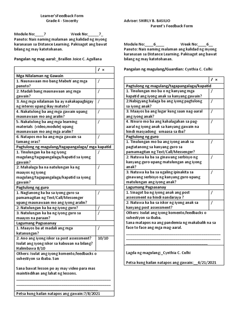 Format of Feedback of Parents | PDF