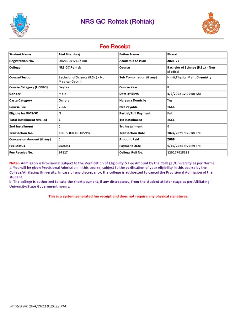 NRS GC Rohtak (Rohtak) : Fee Receipt | PDF | Bachelor Of Science | Receipt