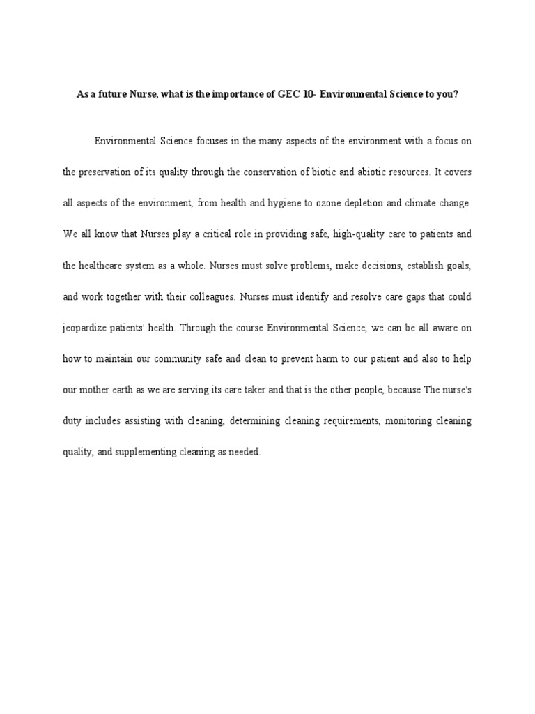 As A Future Nurse, What Is The Importance of GEC 10-Environmental ...