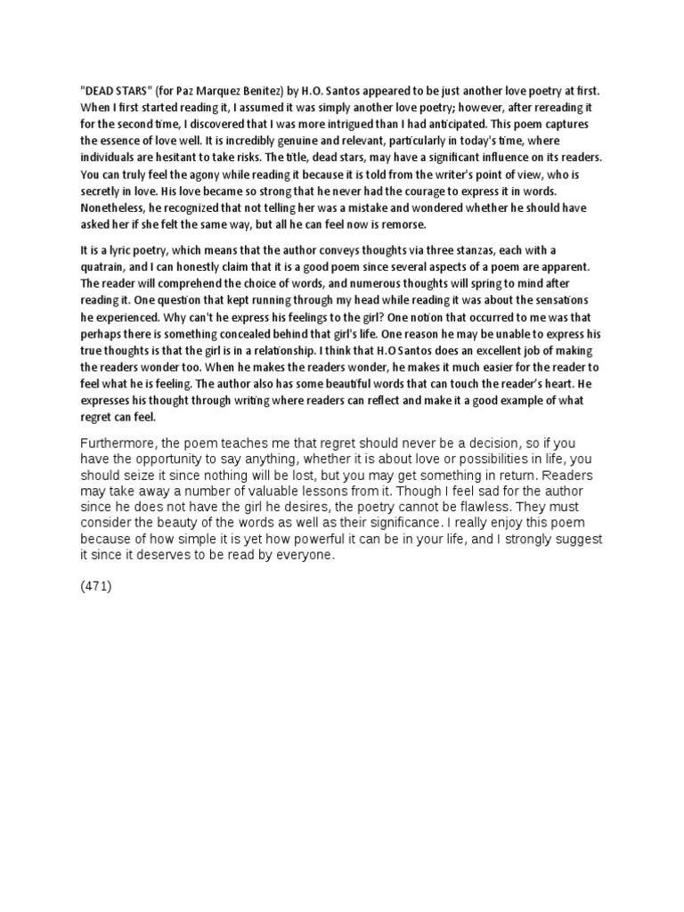 Dead Stars Critique | PDF | Poetry | Love