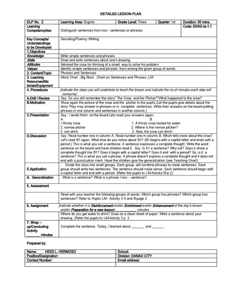 2.DETAILED LESSON PLAN in English 3 Q1 | PDF | Sentence (Linguistics ...