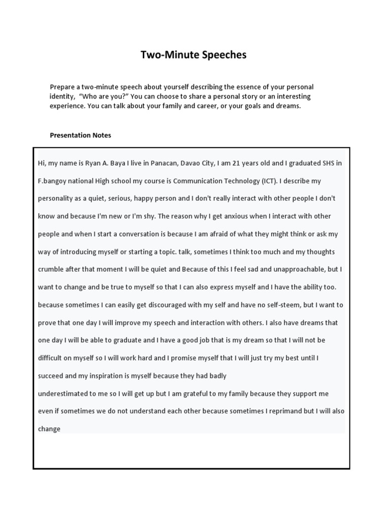 Two-Minute Speeches: Presentation Notes | PDF | Self-Improvement | Wellness