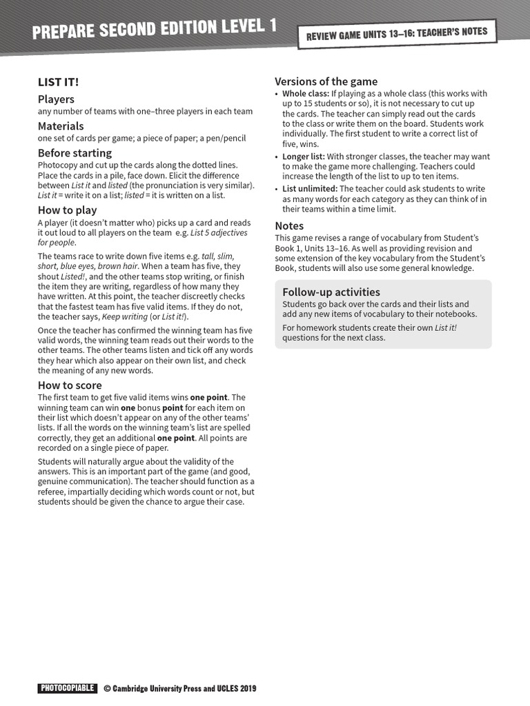 Prepare Second Edition Level 1: List It! | PDF | Vocabulary | Adjective