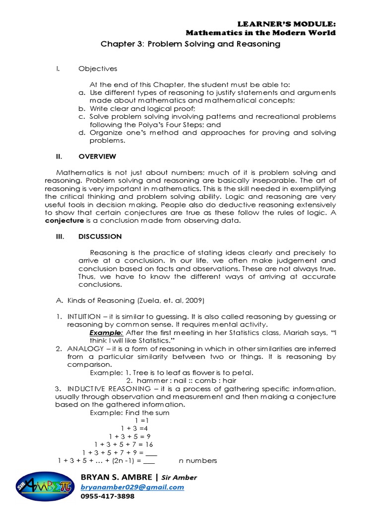 Chapter 3: Problem Solving and Reasoning: Learner'S Module: Mathematics in The Modern World ...