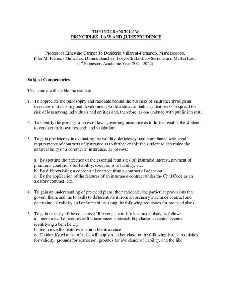 Insurance Law Outline SY 2021-2022 | PDF | Insurance | Life Insurance