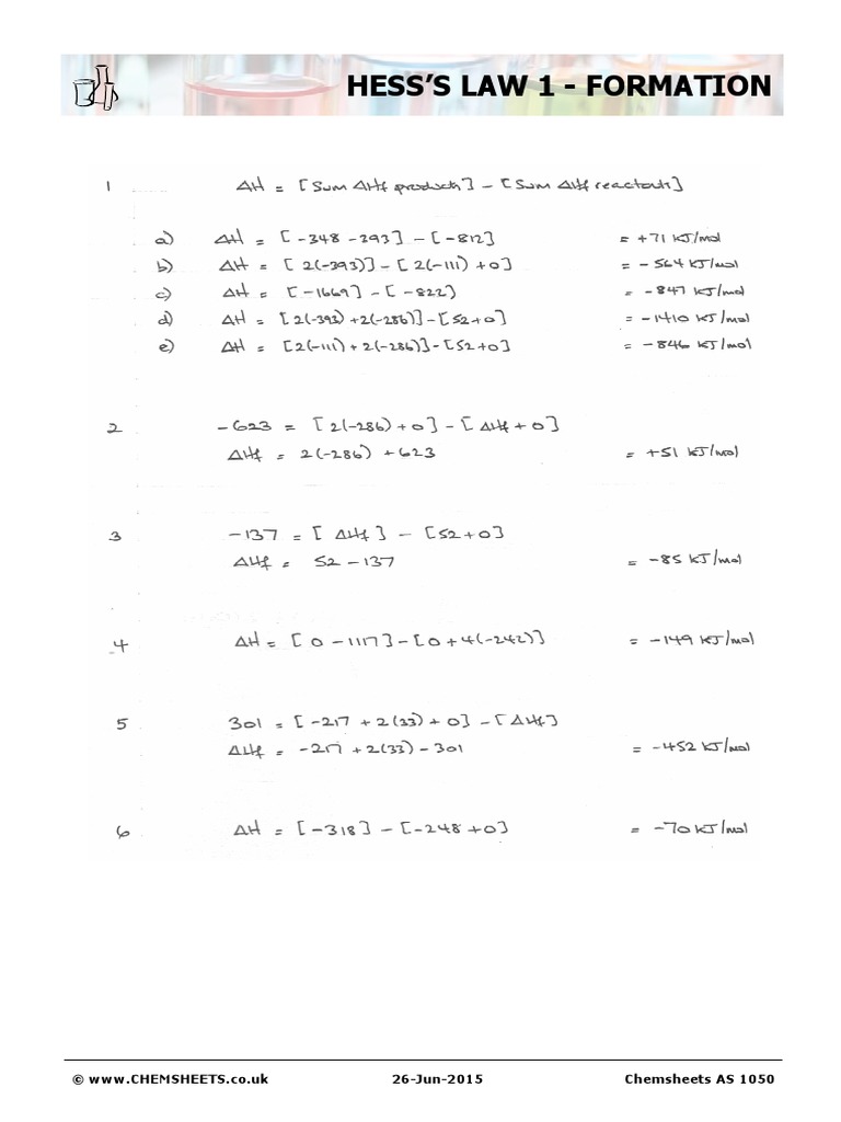 Chemsheets As 1050 Hesss Law 1 Formation Ans Bzce8 | PDF