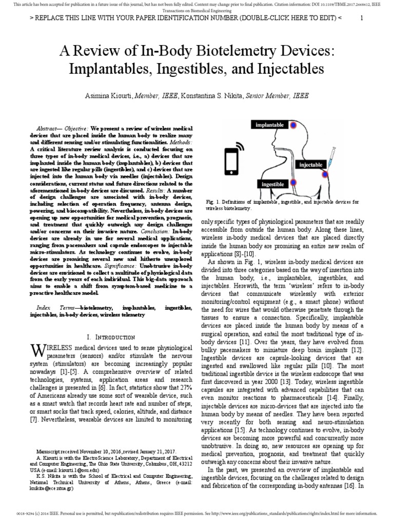 A Review of In-Body Biotelemetry Devices: Implantables, Ingestibles ...