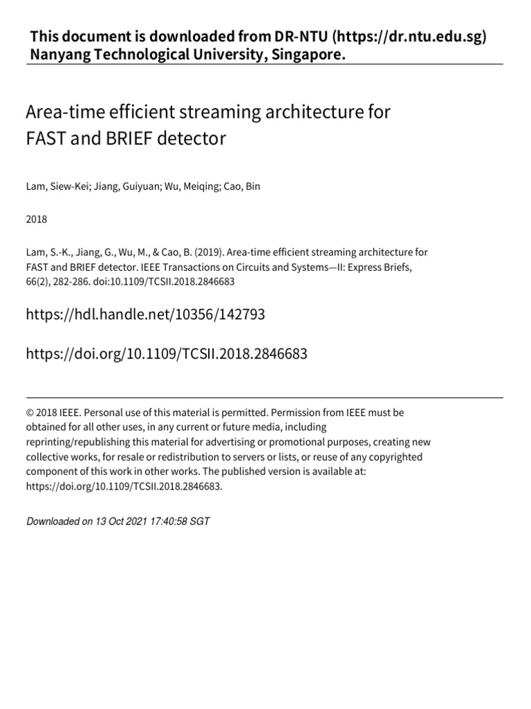 Area Time Efficient Streaming Architecture For Fast And Brief Detector