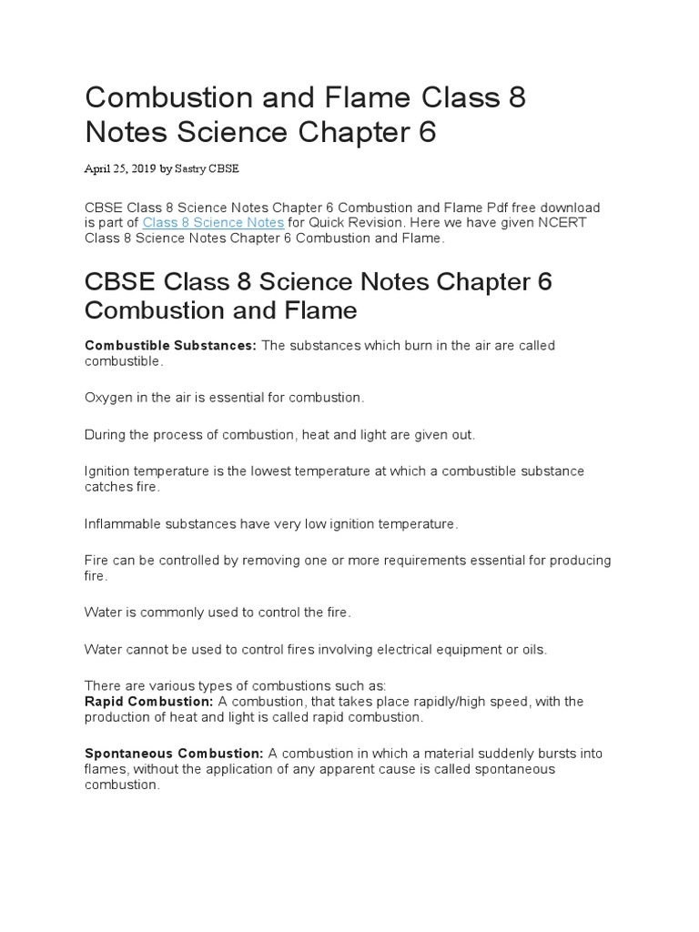 Class 8 Notes: Combustion and Flame | PDF | Combustion | Fires