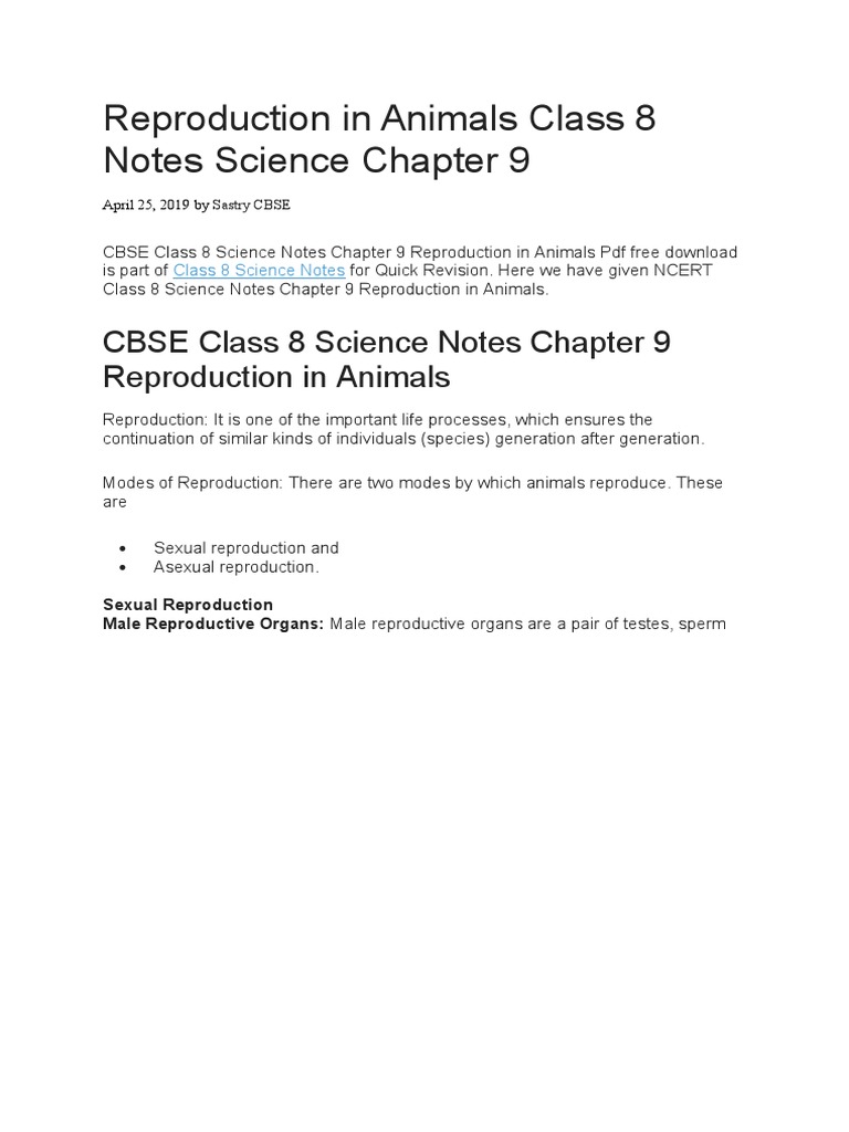 Reproduction in Animals Class 8 Notes Science Chapter 9 | PDF | Sexual ...