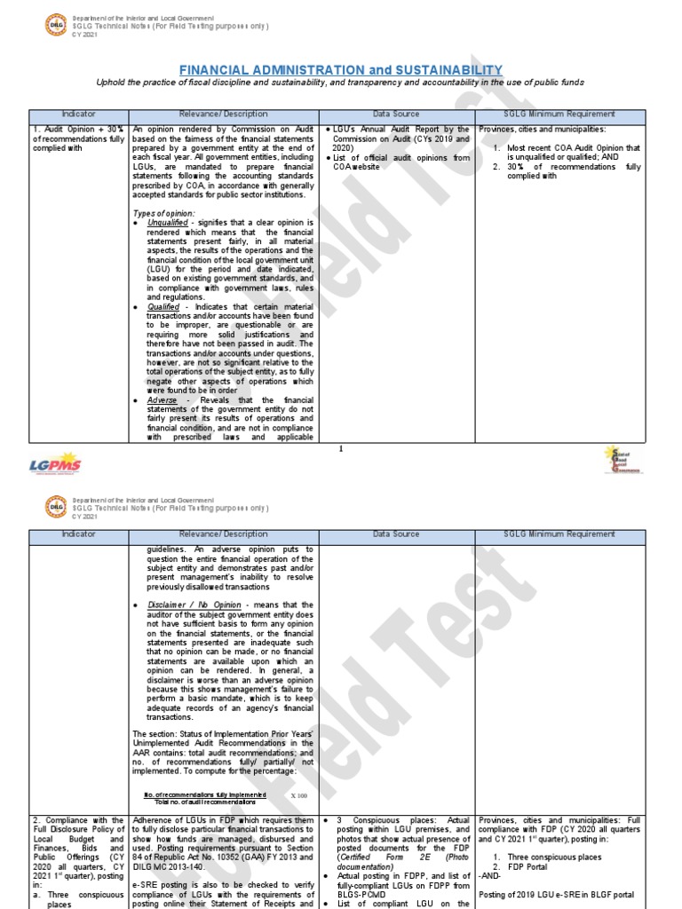 01 - Technical Notes For SGLG LGPMS Field Test | PDF | Audit | Auditor ...