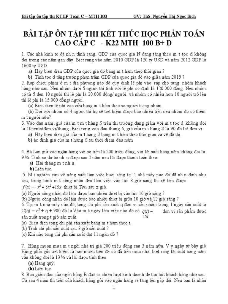 On Tap Thi KTHP Toan C - MTH 100 | PDF
