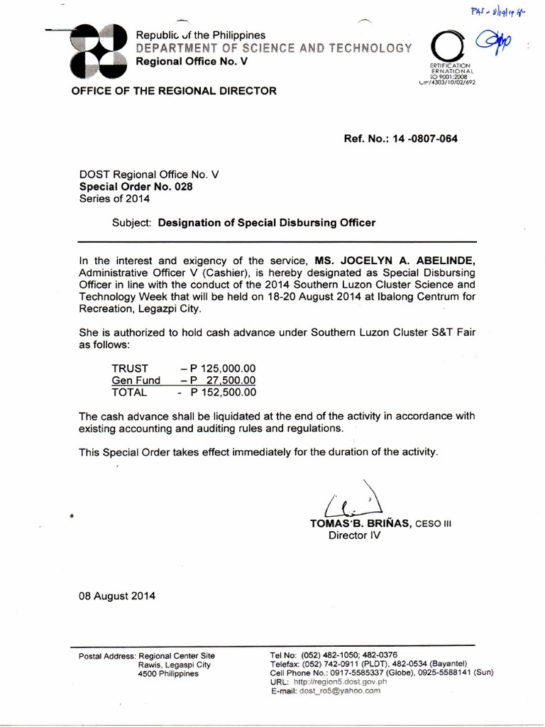 DOST V SO 028 s2014 - DESIGNATION OF SPECIAL DISBURSING OFFICER | PDF