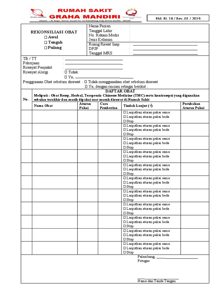 Rm. Ri. 18 Rev. 01 2019 - Form Rekonsiliasi Obat | PDF