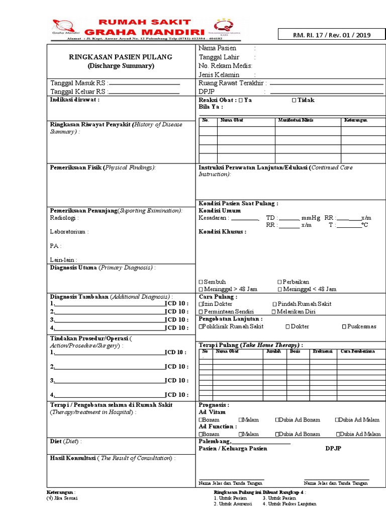 Rm. Ri. 17 Rev. 01 2019 - Form Ringkasan Pasien Pulang | PDF