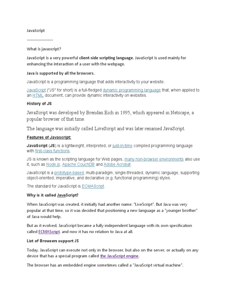 Javascript Notes | Download Free PDF | Java Script | Dynamic Web Page Javascript Notes | Download Free PDF | Java Script | Dynamic Web Page
