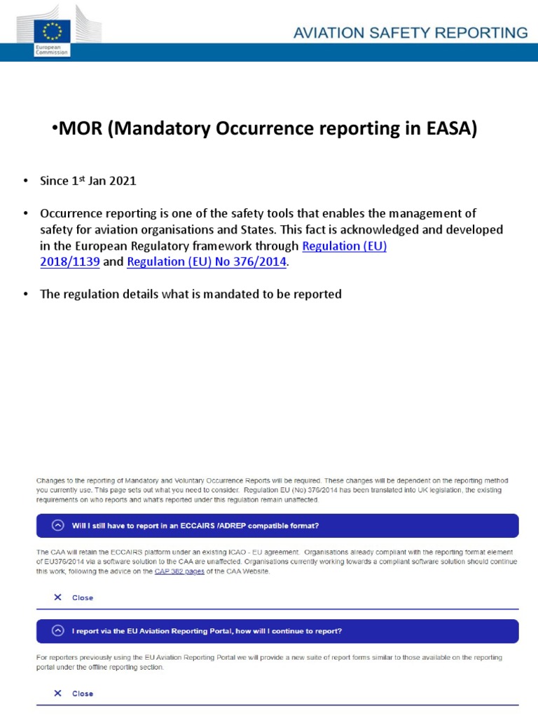 MOR (Mandatory Occurrence Reporting in EASA) : Regulation (EU) 2018/ ...