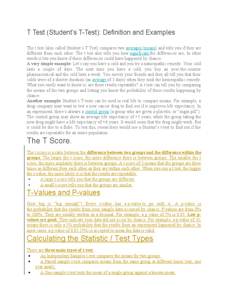 The T Score.: T Test (Student's T-Test) : Definition and Examples | PDF ...