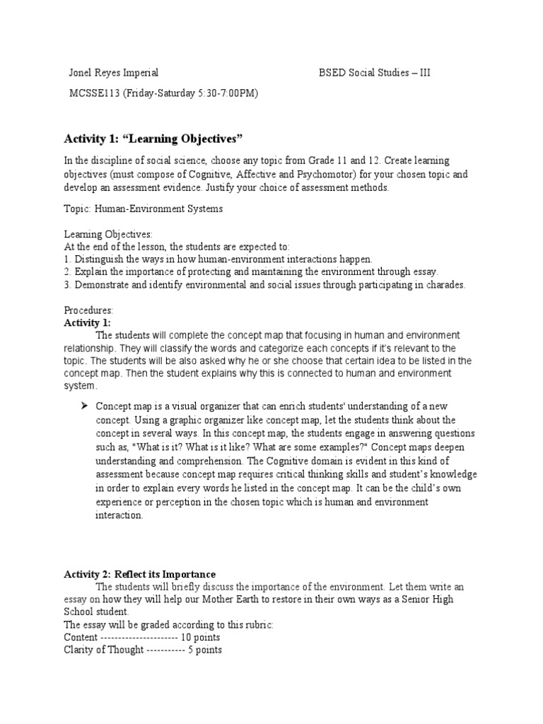 Activity 1 Learning Objectives | PDF | Concept | Learning
