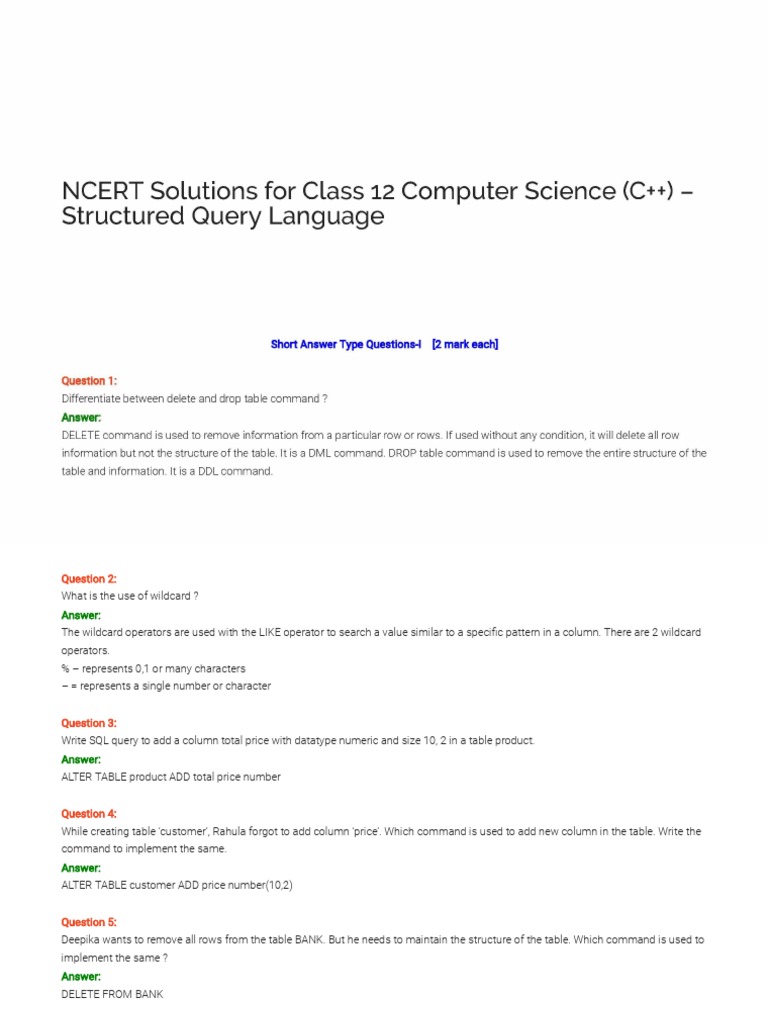 NCERT Solutions For Class 12 Computer Science Chapter 12 Structured Query Language | PDF | Table ...