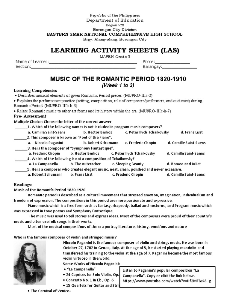 Learning Activity Sheets (Las) : Music of The Romantic Period 1820-1910 ...