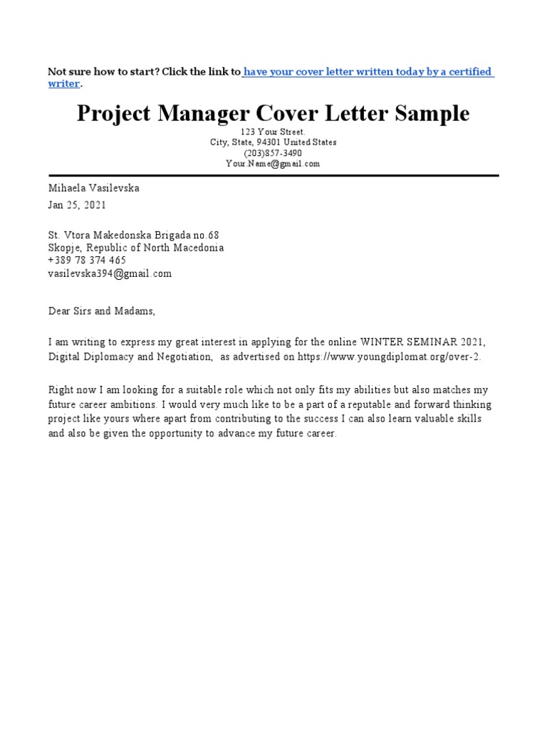Project Manager Cover Letter Sample: Not Sure How To Start? Click The ...