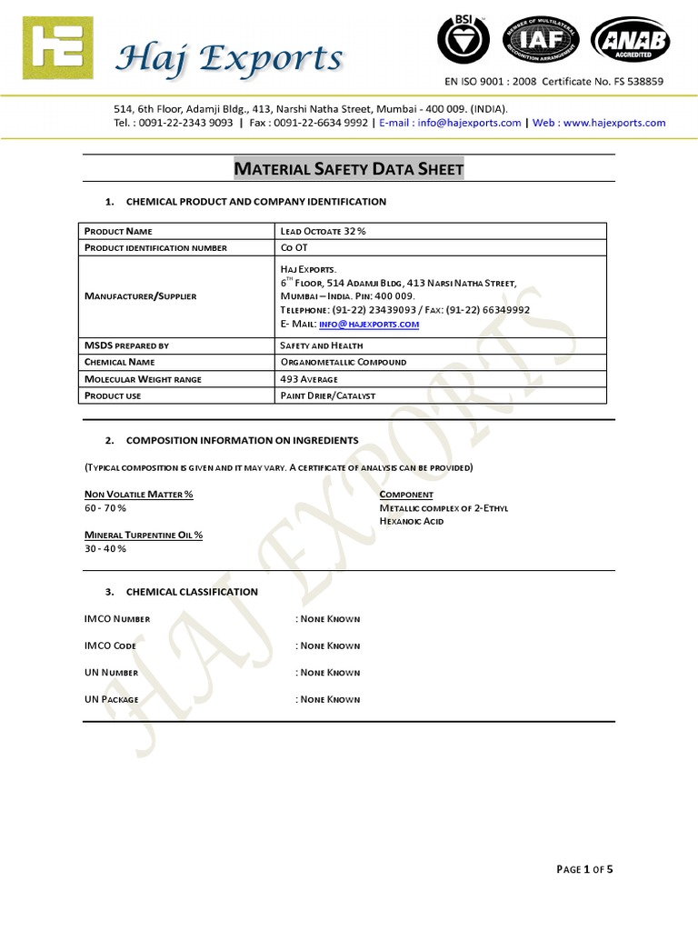 MSDS - Lead Octoate 32 | PDF | Waste Management | Personal Protective ...