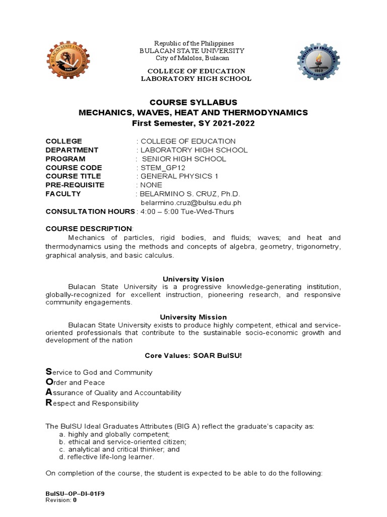 Course Syllabus SHS General Physics 1 (Stem, MELC) SY 2021-2022 | PDF ...
