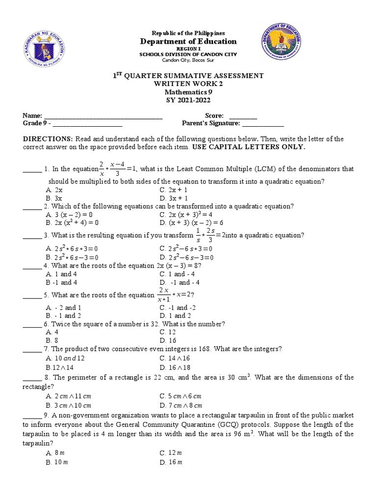 Math 9 Q1 Summative Test 1 | PDF | Equations | Length