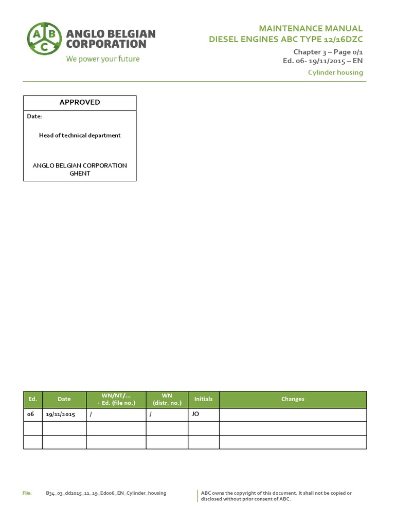 Approved: Maintenance Manual Diesel Engines Abc Type 12/16Dzc | PDF ...