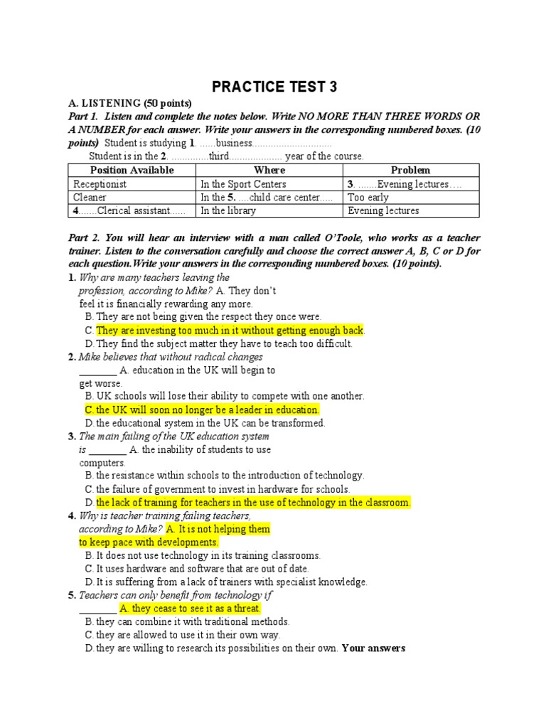 Practice Test 3 | PDF | Experiment | Grammar