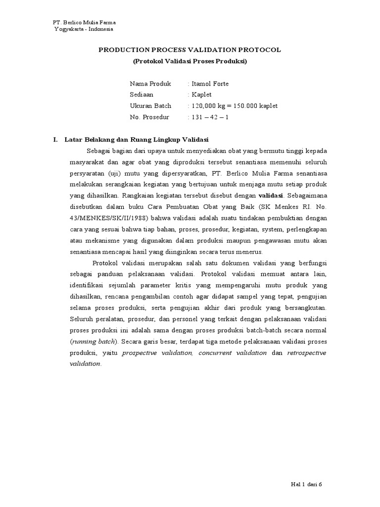 Protokol Validasi Produksi Itamol | PDF