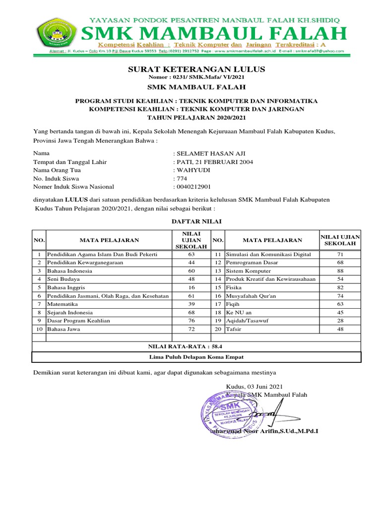 Surat Keterangan Lulus: SMK Mambaul Falah | PDF