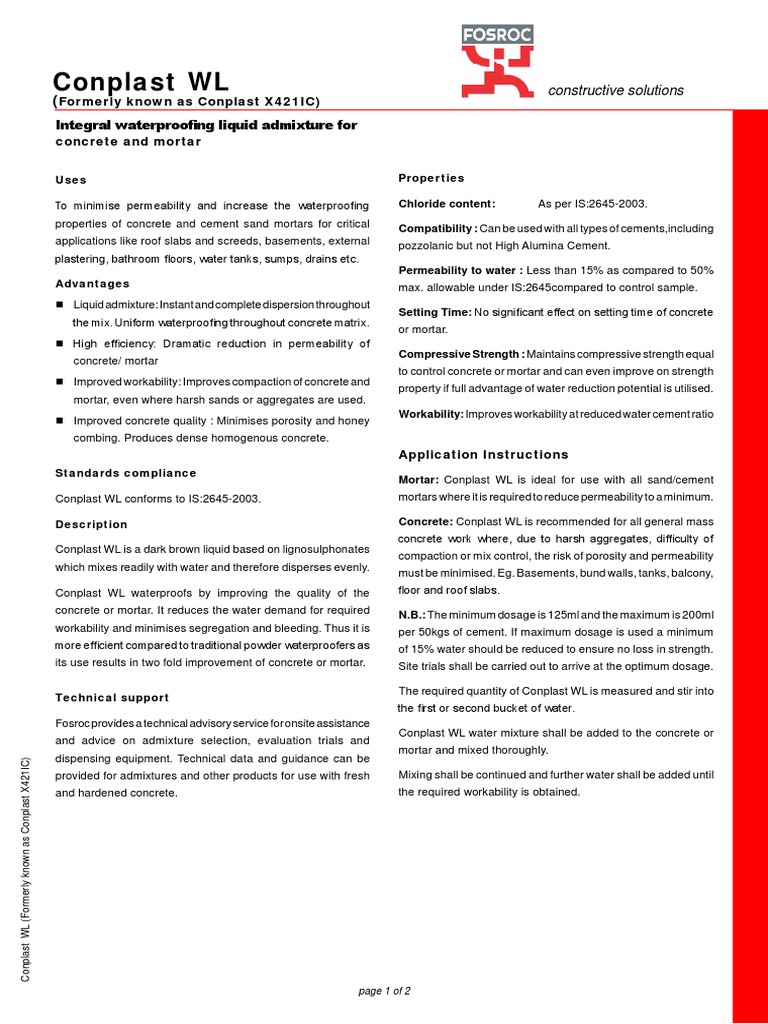 Fosroc Conplast WL | PDF | Concrete | Mortar (Masonry)