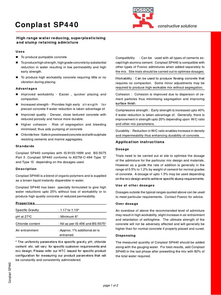 Conplast SP440: A High Range Water Reducing and Slump Retaining ...