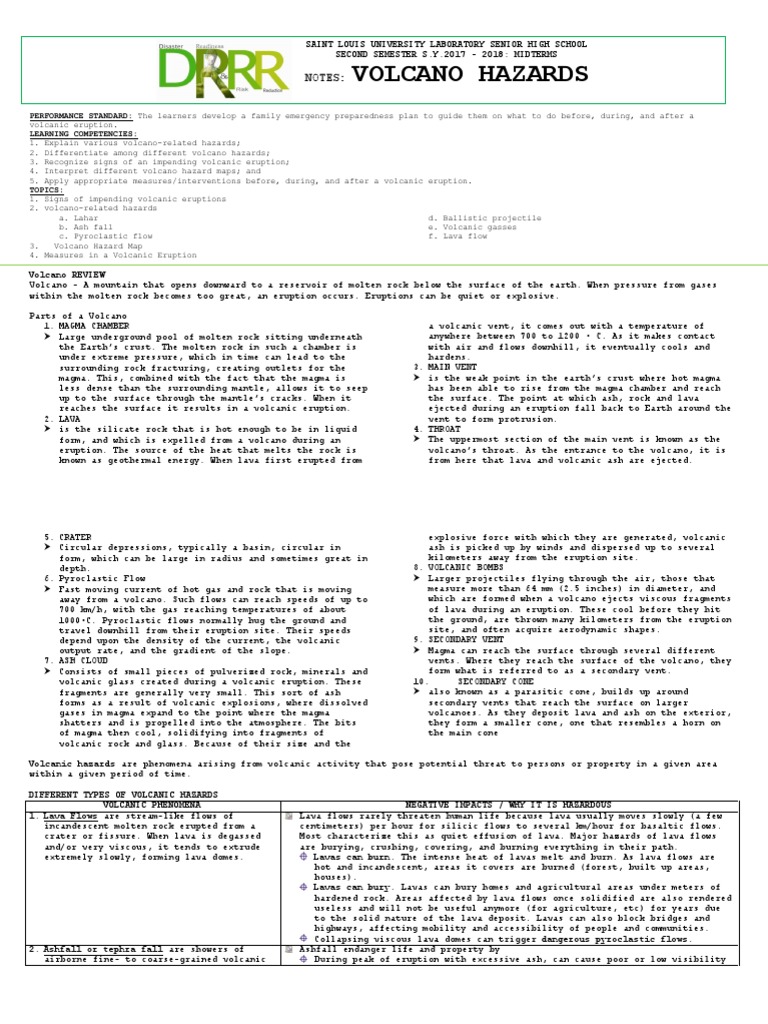 DRRR Handout GEOHAZARDS Volcano | PDF | Volcano | Lava