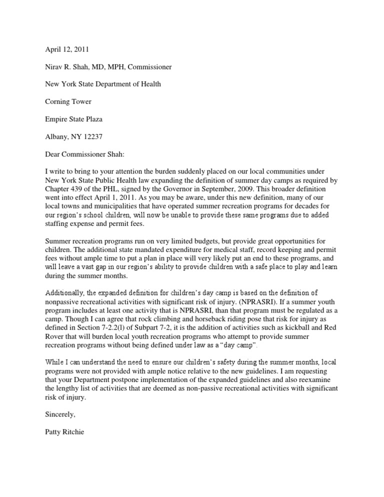 Letter to Health Commissioner on Summer Camps | Government | Politics