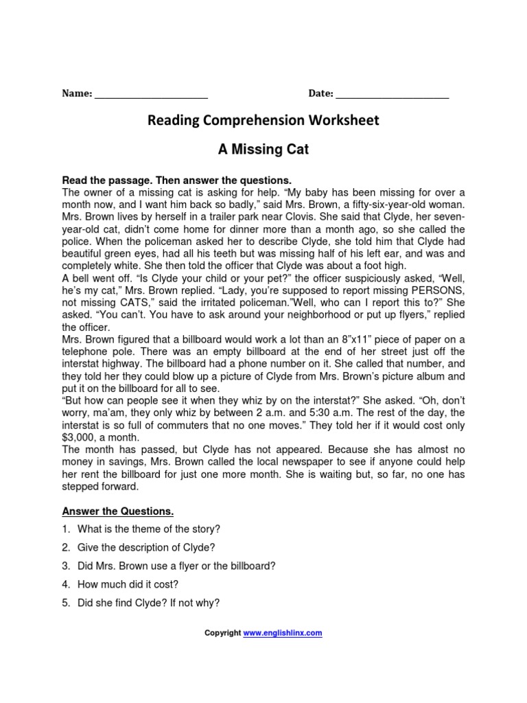 Reading Comprehension Worksheet: A Missing Cat | PDF