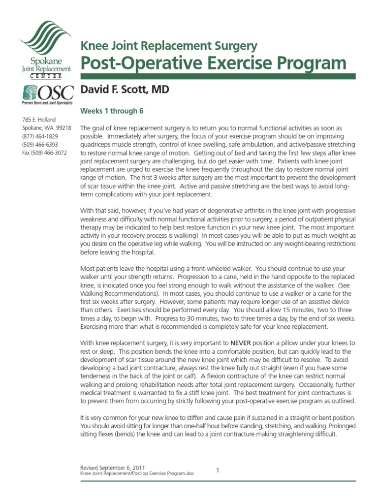 Post-Operative Exercise Program: Knee Joint Replacement Surgery | PDF ...